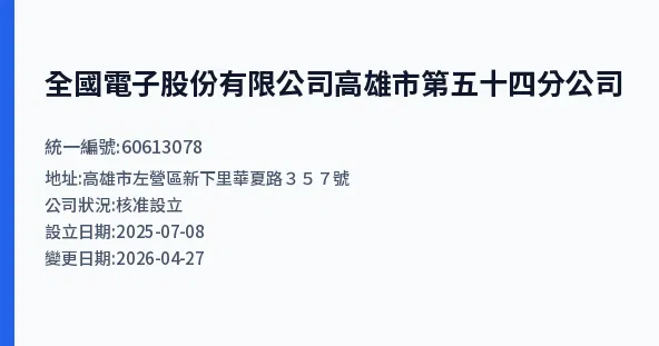 全國電子股份有限公司高雄市第五十四分公司的照片-統編 60613078(高雄市) 公司登記資料與營業項目詳細圖表