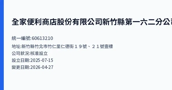 全家便利商店股份有限公司新竹縣第一六二分公司的照片-統編 60613210(新竹縣) 公司登記資料與營業項目詳細圖表