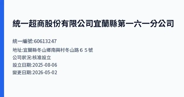 統一超商股份有限公司宜蘭縣第一六一分公司的照片-統編 60613247(宜蘭縣) 公司登記資料與營業項目詳細圖表