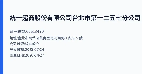 統一超商股份有限公司台北市第一二五七分公司的照片-統編 60613470(臺北市) 公司登記資料與營業項目詳細圖表