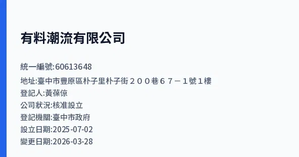 有料潮流有限公司的照片-統編 60613648(臺中市) 公司登記資料與營業項目詳細圖表