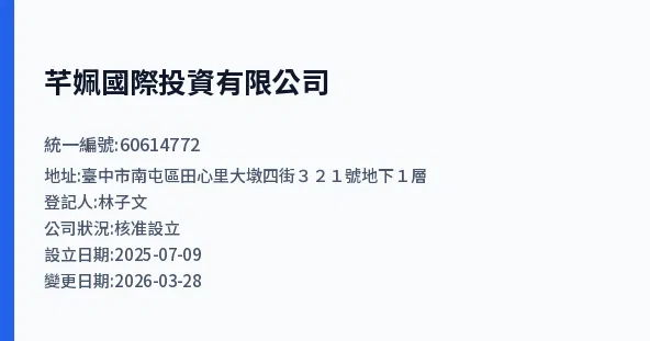 芊姵國際投資有限公司的照片-統編 60614772(臺中市) 公司登記資料與營業項目詳細圖表