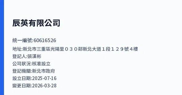 辰英有限公司的照片-統編 60616526(新北市) 公司登記資料與營業項目詳細圖表