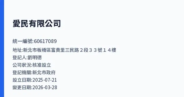 愛民有限公司的照片-統編 60617089(新北市) 公司登記資料與營業項目詳細圖表