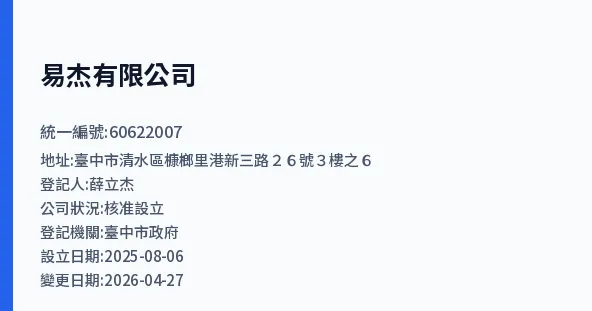 易杰有限公司的照片-統編 60622007(臺中市) 公司登記資料與營業項目詳細圖表