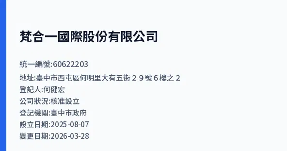 梵合一國際股份有限公司的照片-統編 60622203(臺中市) 公司登記資料與營業項目詳細圖表