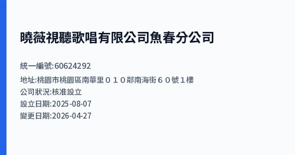 曉薇視聽歌唱有限公司魚春分公司的照片-統編 60624292(桃園市) 公司登記資料與營業項目詳細圖表