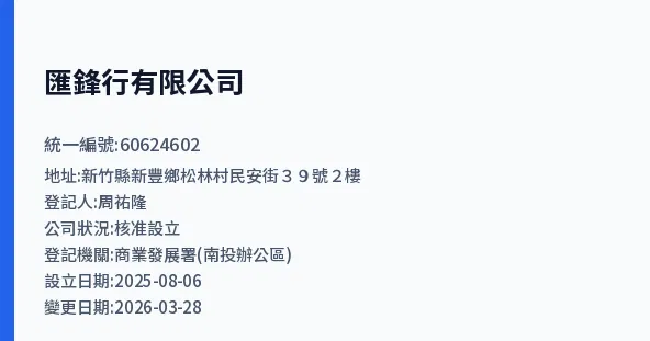 匯鋒行有限公司的照片-統編 60624602(新竹縣) 公司登記資料與營業項目詳細圖表