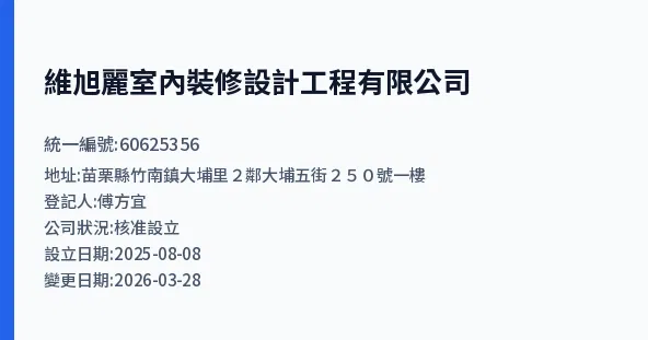 維旭麗室內裝修設計工程有限公司的照片-統編 60625356(苗栗縣) 公司登記資料與營業項目詳細圖表