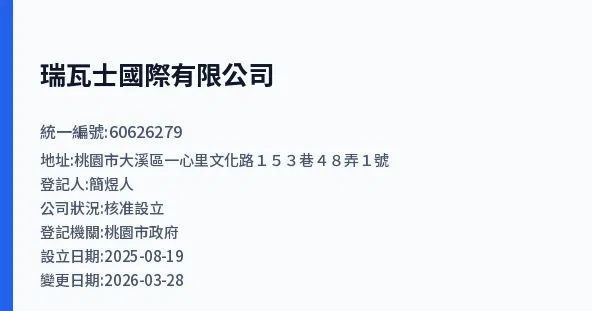 瑞瓦士國際有限公司的照片-統編 60626279(桃園市) 公司登記資料與營業項目詳細圖表
