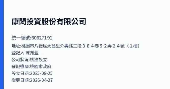 康閎投資股份有限公司的照片-統編 60627191(桃園市) 公司登記資料與營業項目詳細圖表