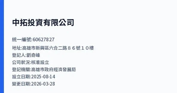 中拓投資有限公司的照片-統編 60627827(高雄市) 公司登記資料與營業項目詳細圖表