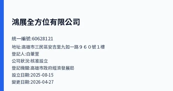 鴻展全方位有限公司的照片-統編 60628121(高雄市) 公司登記資料與營業項目詳細圖表