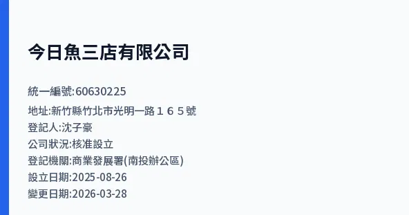 今日魚三店有限公司的照片-統編 60630225(新竹縣) 公司登記資料與營業項目詳細圖表