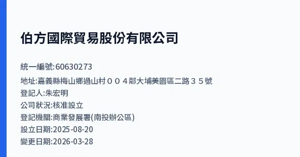 伯方國際貿易股份有限公司的照片-統編 60630273(嘉義縣) 公司登記資料與營業項目詳細圖表