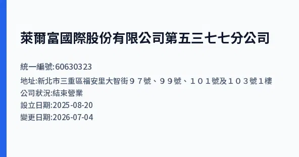 萊爾富國際股份有限公司第五三七七分公司的照片-統編 60630323(新北市) 公司登記資料與營業項目詳細圖表