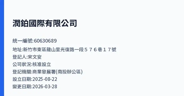 潤鉑國際有限公司的照片-統編 60630689(新竹市) 公司登記資料與營業項目詳細圖表