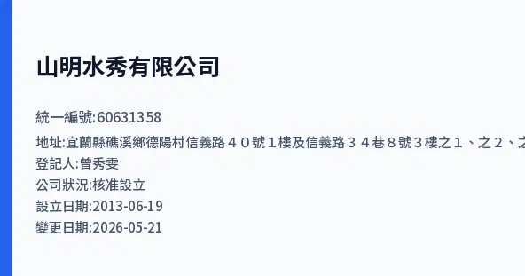山明水秀有限公司的照片-統編 60631358(宜蘭縣) 公司登記資料與營業項目詳細圖表