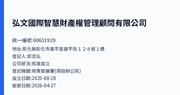 弘文國際智慧財產權管理顧問有限公司的照片-統編 60631929(彰化縣) 公司登記資料與營業項目詳細圖表