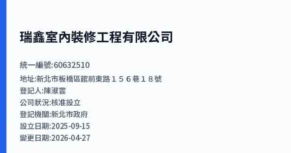 瑞鑫室內裝修工程有限公司的照片-統編 60632510(新北市) 公司登記資料與營業項目詳細圖表