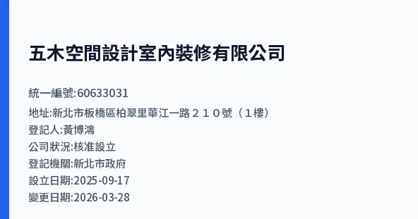 五木空間設計室內裝修有限公司的照片-統編 60633031(新北市) 公司登記資料與營業項目詳細圖表