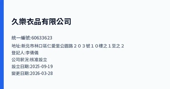 久樂衣品有限公司的照片-統編 60633623(新北市) 公司登記資料與營業項目詳細圖表