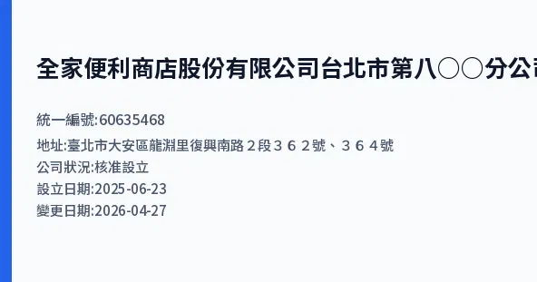 全家便利商店股份有限公司台北市第八○○分公司的照片-統編 60635468(臺北市) 公司登記資料與營業項目詳細圖表