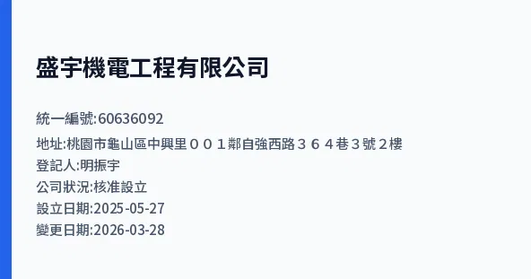 盛宇機電工程有限公司的照片-統編 60636092(桃園市) 公司登記資料與營業項目詳細圖表