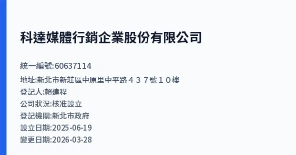 科達媒體行銷企業股份有限公司的照片-統編 60637114(新北市) 公司登記資料與營業項目詳細圖表
