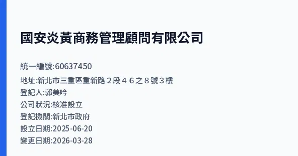 國安炎黃商務管理顧問有限公司的照片-統編 60637450(新北市) 公司登記資料與營業項目詳細圖表
