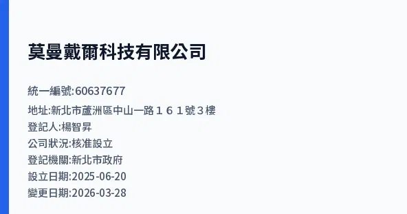 莫曼戴爾科技有限公司的照片-統編 60637677(新北市) 公司登記資料與營業項目詳細圖表