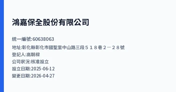 鴻嘉保全股份有限公司的照片-統編 60638063(彰化縣) 公司登記資料與營業項目詳細圖表