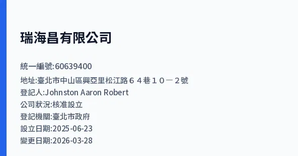 瑞海昌有限公司的照片-統編 60639400(臺北市) 公司登記資料與營業項目詳細圖表
