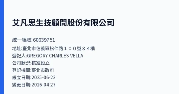 艾凡思生技顧問股份有限公司的照片-統編 60639751(臺北市) 公司登記資料與營業項目詳細圖表