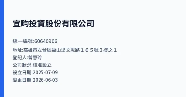 宜畇投資股份有限公司的照片-統編 60640906(高雄市) 公司登記資料與營業項目詳細圖表
