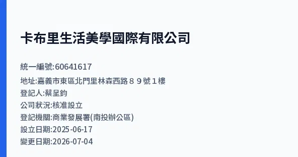 卡布里生活美學國際有限公司的照片-統編 60641617(嘉義市) 公司登記資料與營業項目詳細圖表
