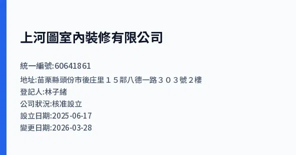 上河圖室內裝修有限公司的照片-統編 60641861(苗栗縣) 公司登記資料與營業項目詳細圖表