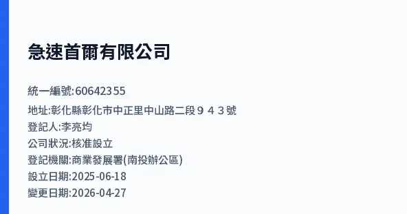 急速首爾有限公司的照片-統編 60642355(彰化縣) 公司登記資料與營業項目詳細圖表