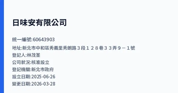 日味安有限公司的照片-統編 60643903(新北市) 公司登記資料與營業項目詳細圖表