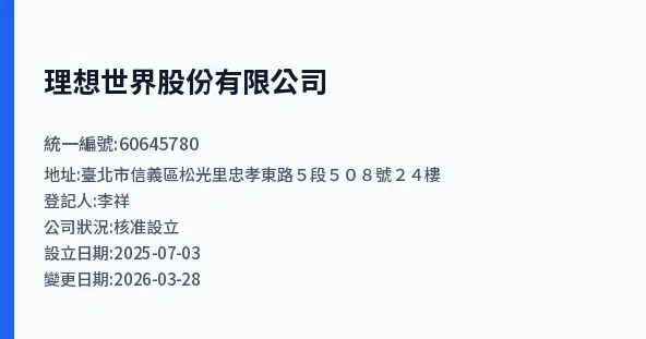 理想世界股份有限公司的照片-統編 60645780(臺北市) 公司登記資料與營業項目詳細圖表