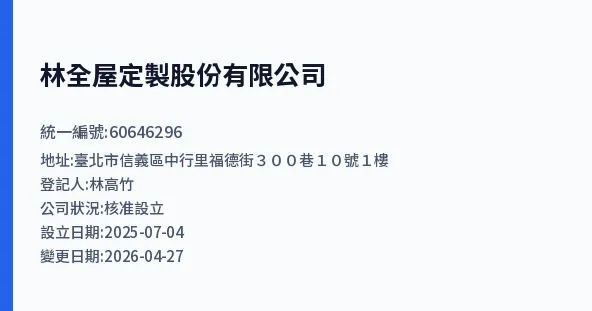 林全屋定製股份有限公司的照片-統編 60646296(臺北市) 公司登記資料與營業項目詳細圖表