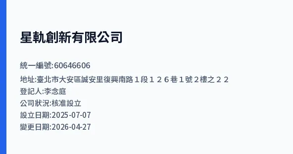 星軌創新有限公司的照片-統編 60646606(臺北市) 公司登記資料與營業項目詳細圖表