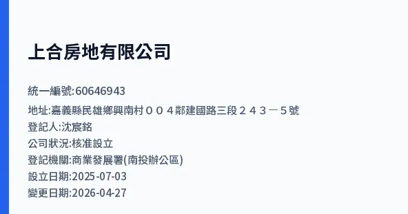 上合房地有限公司的照片-統編 60646943(嘉義縣) 公司登記資料與營業項目詳細圖表