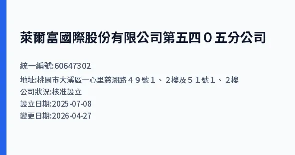 萊爾富國際股份有限公司第五四0五分公司的照片-統編 60647302(桃園市) 公司登記資料與營業項目詳細圖表