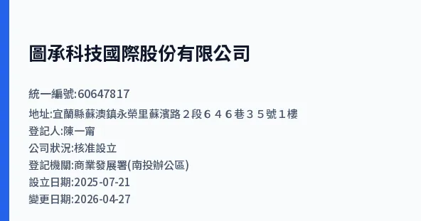 圖承科技國際股份有限公司的照片-統編 60647817(宜蘭縣) 公司登記資料與營業項目詳細圖表
