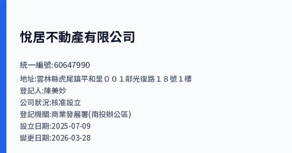 悅居不動產有限公司的照片-統編 60647990(雲林縣) 公司登記資料與營業項目詳細圖表