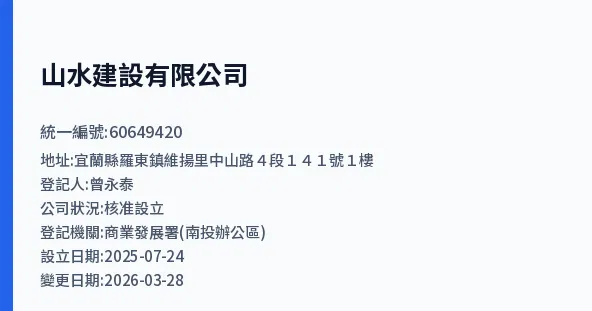 山水建設有限公司的照片-統編 60649420(宜蘭縣) 公司登記資料與營業項目詳細圖表