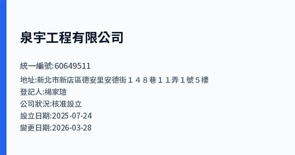 泉宇工程有限公司的照片-統編 60649511(新北市) 公司登記資料與營業項目詳細圖表