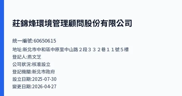 莊錦烽環境管理顧問股份有限公司的照片-統編 60650615(新北市) 公司登記資料與營業項目詳細圖表