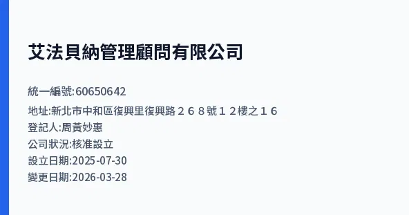 艾法貝納管理顧問有限公司的照片-統編 60650642(新北市) 公司登記資料與營業項目詳細圖表